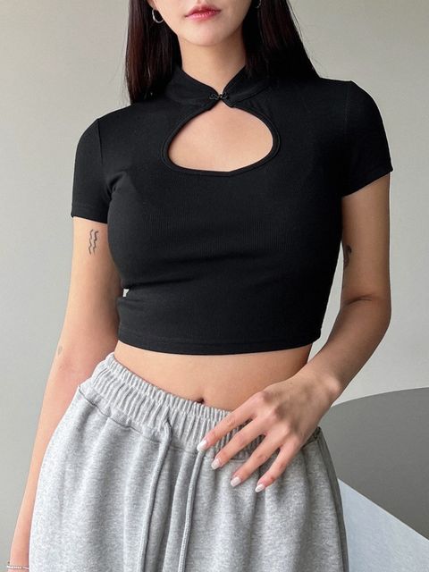 DAZY Mandarin Collar Cut Out Crop Tee | Lynks Shop
