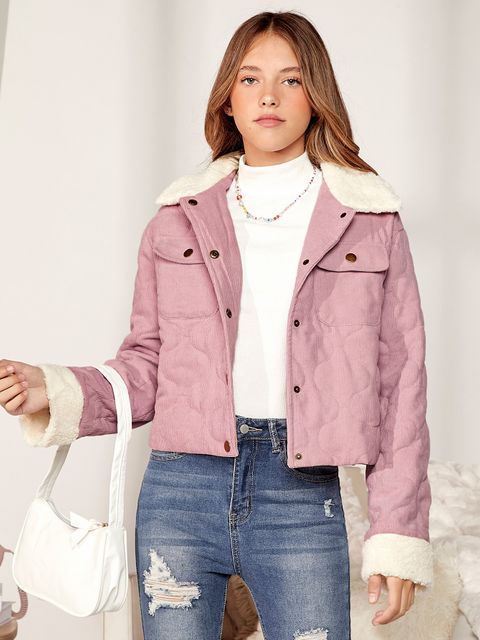 SHEIN Teen Girls Contrast Teddy Panel Flap Pocket Textured Jacket ...